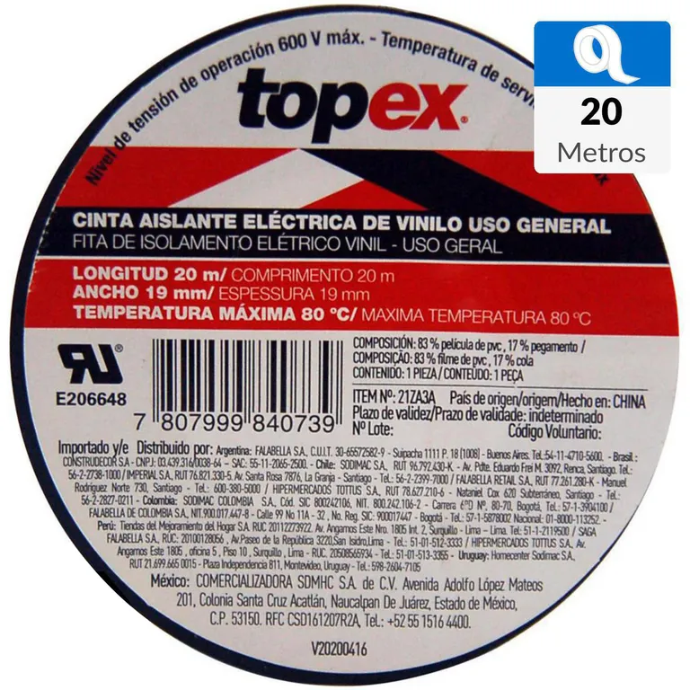 TOPEX - Cinta aislante negra 19 mm x 20 m | Ofertitas