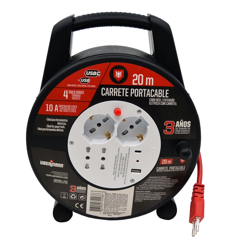 UBERMANN - Carrete Alargador Shuko 10/16A 2 Toma(s) 20 m Negro | Ofertitas