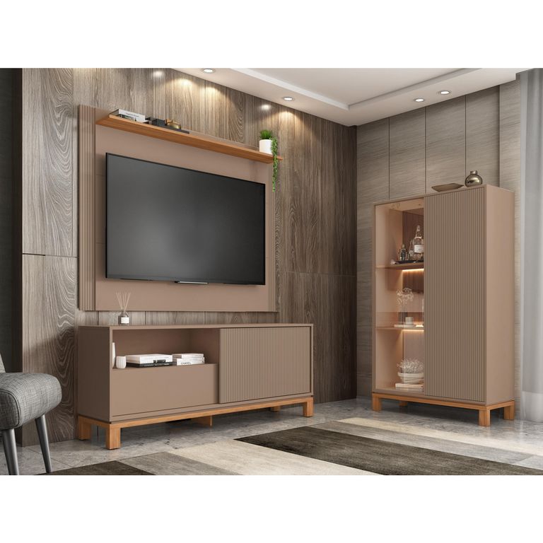 DECOCASA - Panel TV 55" + Rack 1.5 + Vitrina Mondrian Gris | Ofertitas